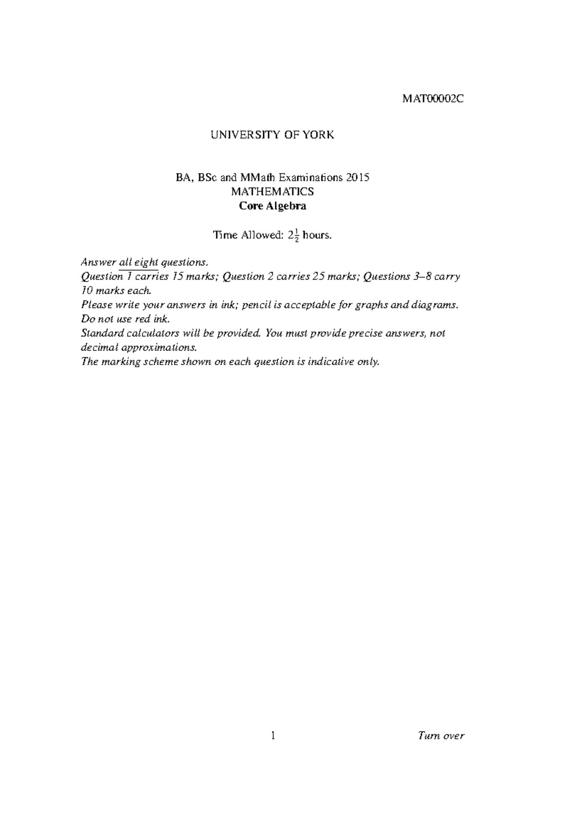 Algebra Exam 2015, questions and answers - MAT00002C UNIVERSITY OF YORK ...