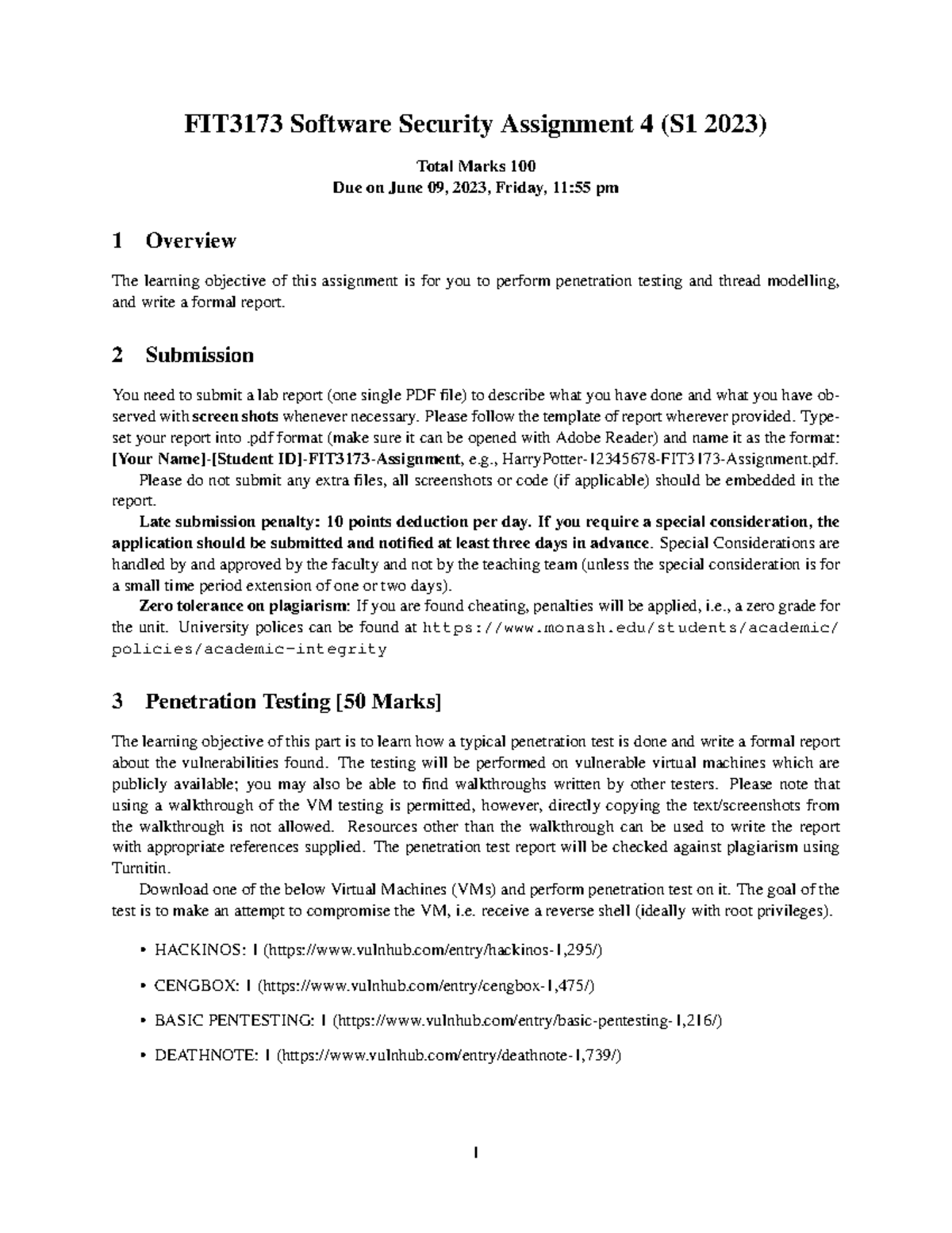 FIT3173 S1 2023 Assignment 4 - FIT3173 Software Security Assignment 4 (S1 2023) Total Marks 100 ...