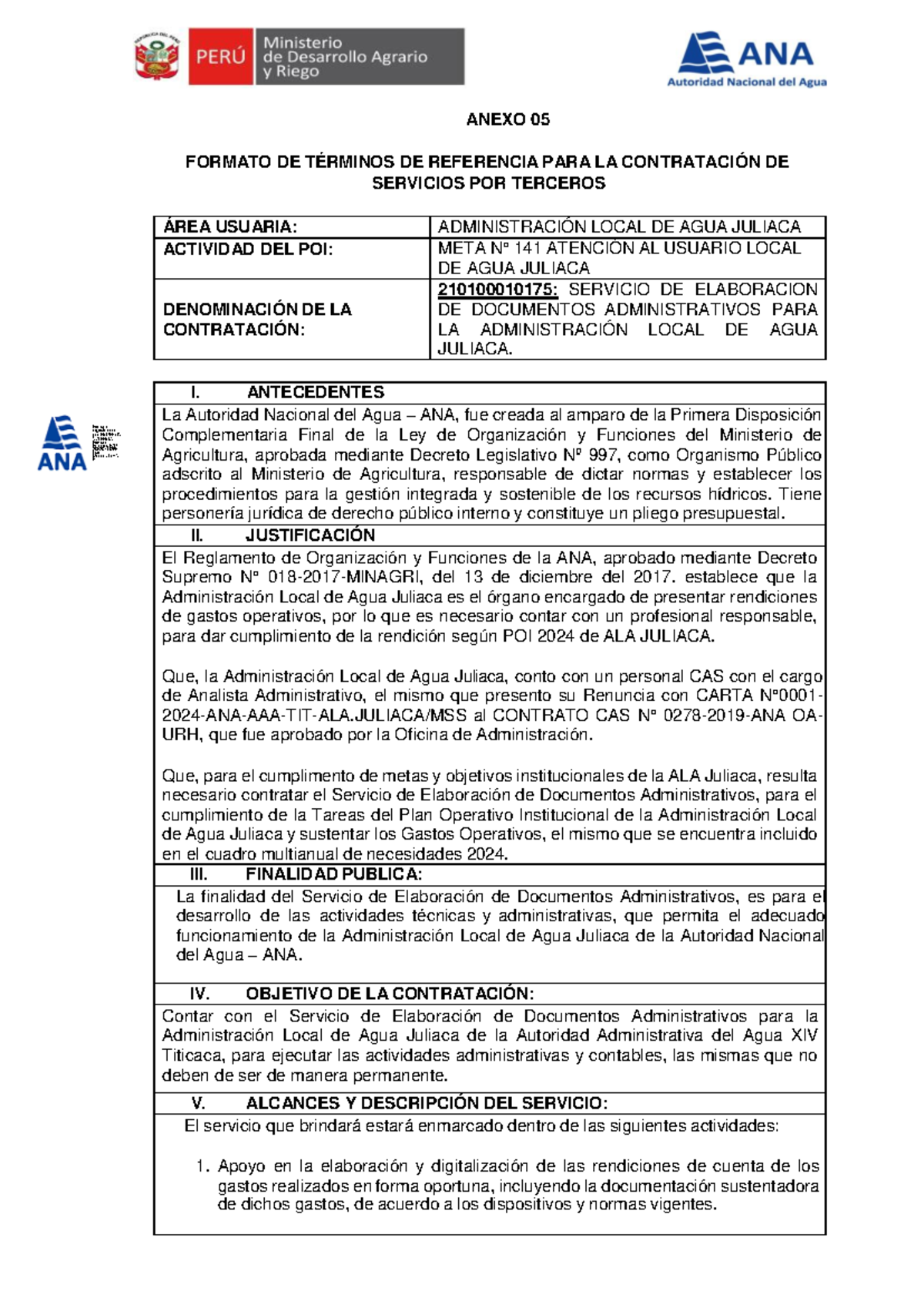 TDR - Administrativa VB - ANEXO 05 FORMATO DE TÉRMINOS DE REFERENCIA ...