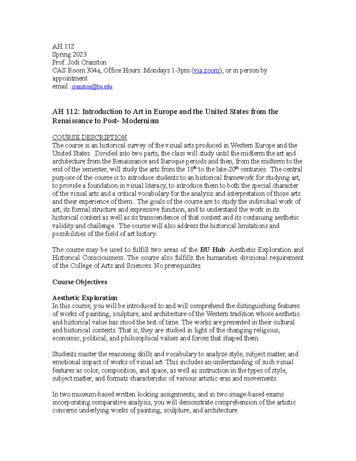 AH 112 syllabus spring 2023 - AH 112 Spring 2023 Prof. Jodi Cranston ...