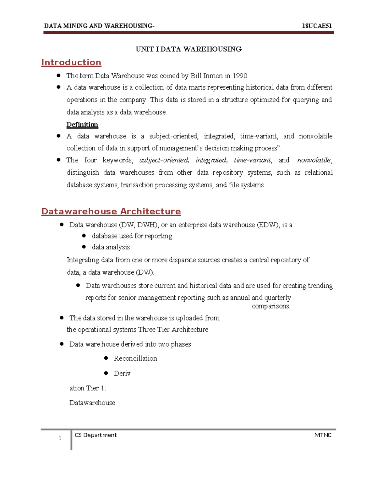 DMDW-Unit I - Classification - Introduction UNIT I DATA WAREHOUSING ⚫ ...