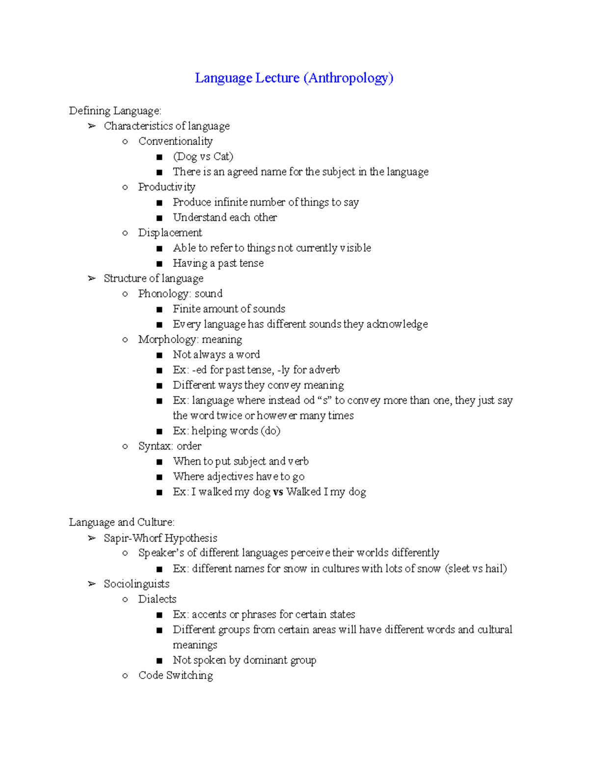 Language Lecture (Anthropology) - Language Lecture (Anthropology) Defining Language: - Studocu