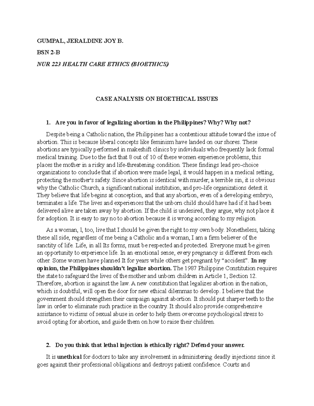 Gumpal Jeraldine JOY B BSN2B CASE Analysis ON Bioethical Issues ...