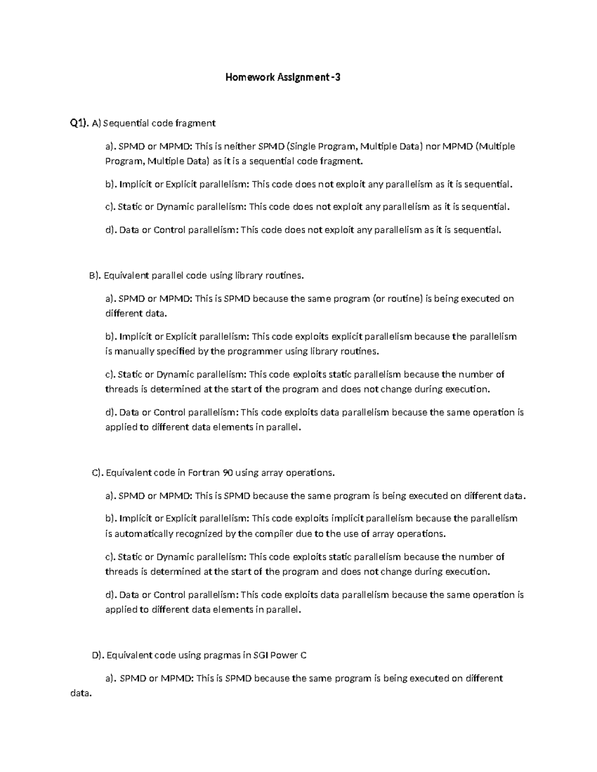 Homework Assignment - 3 - Homework Assignment - Q1). A) Sequential code ...