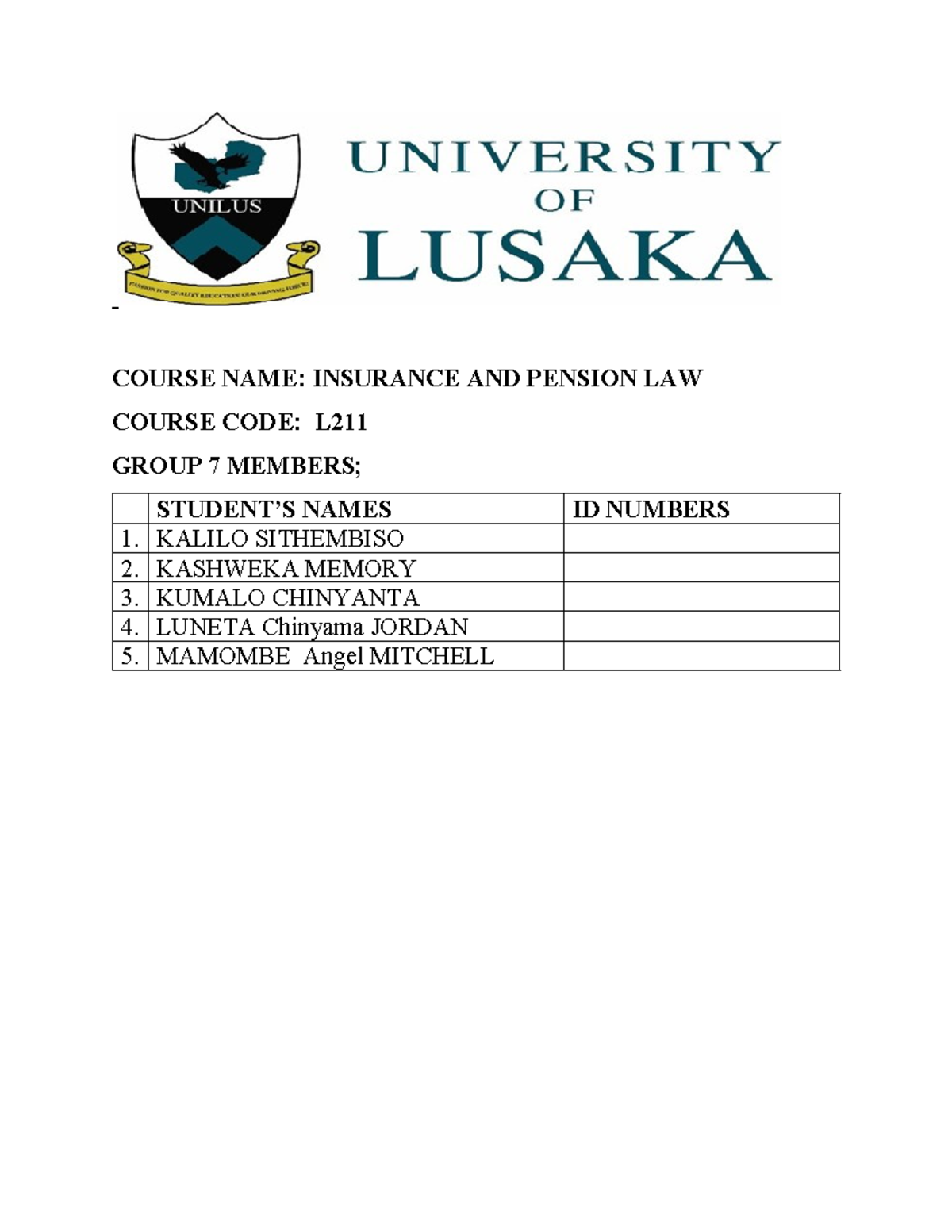 Insurance Assignment final draft - COURSE NAME: INSURANCE AND PENSION LAW COURSE CODE: L GROUP 7 ...