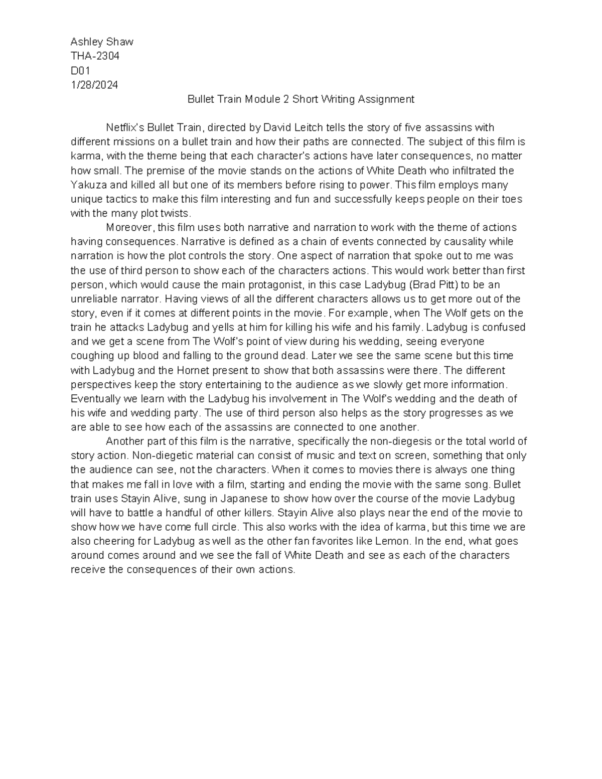Bullet Train Module 2 Short Writing Assignment - Ashley Shaw THA- D 1 ...