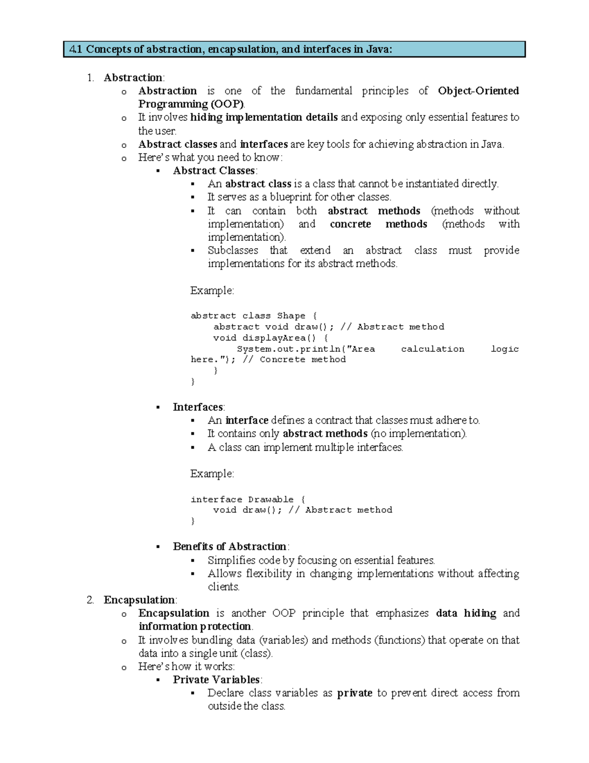 4 Java Programming - java notes - 1. Abstraction: o Abstraction is one ...