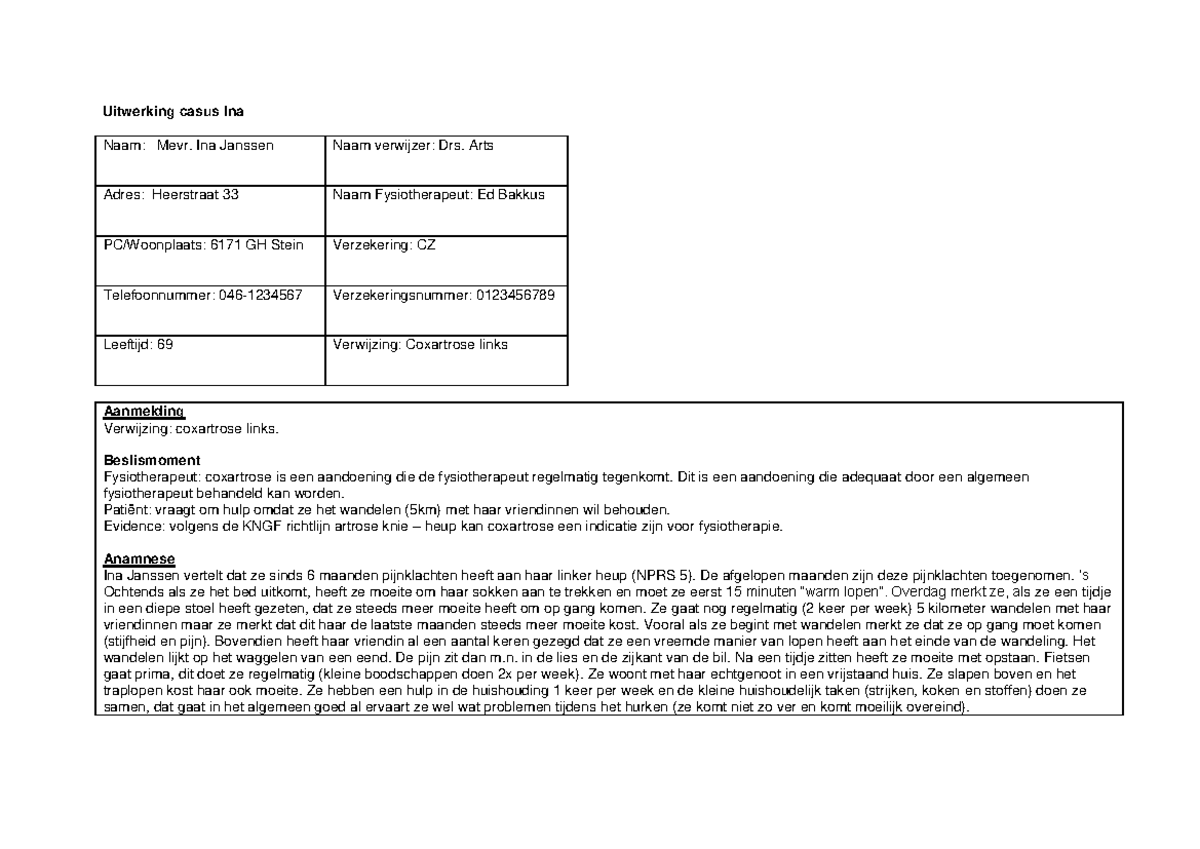 Taak 5 - Uitwerking casus Ina FMH - Uitwerking casus Ina Naam: Mevr ...