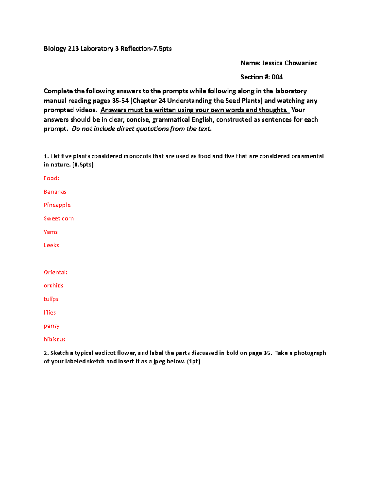 biology Lab 3 sec 4 - Biology 213 Laboratory 3 Relecion-7 Name: Jessica ...