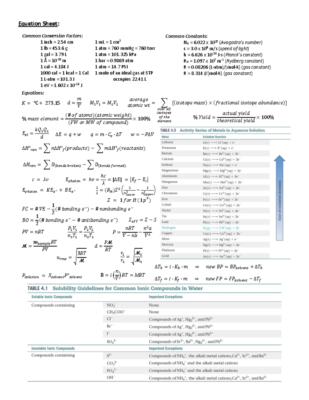 EQN Sheet Wwang CHM113 - sXCV - Equation Sheet: 𝑎𝑣𝑒𝑟𝑎𝑔𝑒 𝑎𝑡𝑜𝑚𝑖𝑐 𝑤𝑡 = ∑ ...