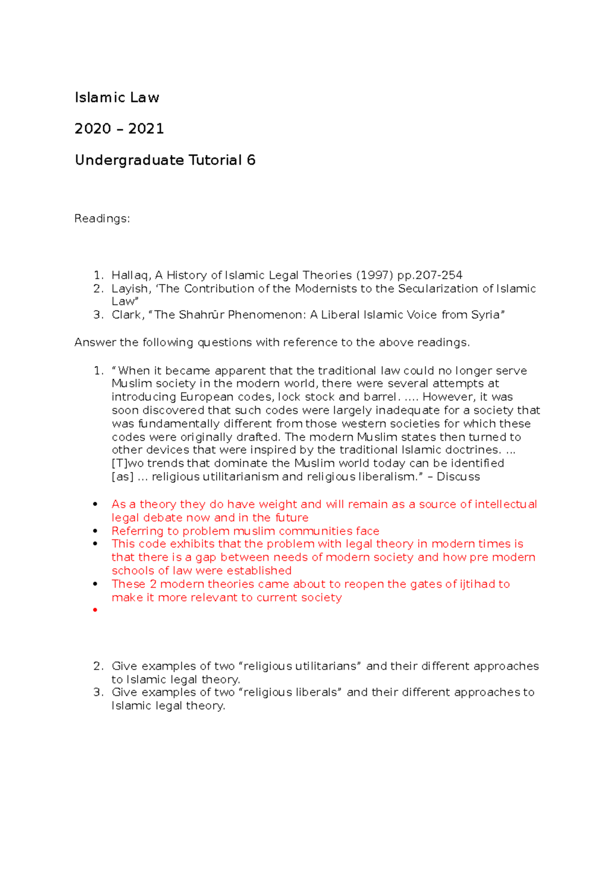 Tutorial 6 - Islamic Law 2020 – 2021 Undergraduate Tutorial 6 Readings ...