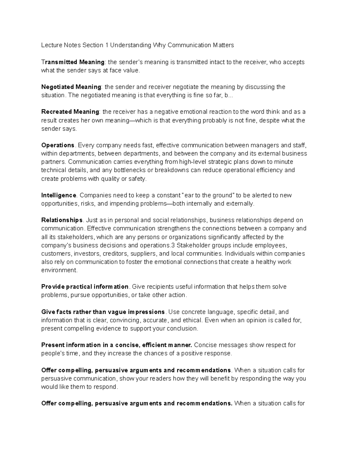 Lecture Notes Section 1 Understanding Why Communication Matters ...