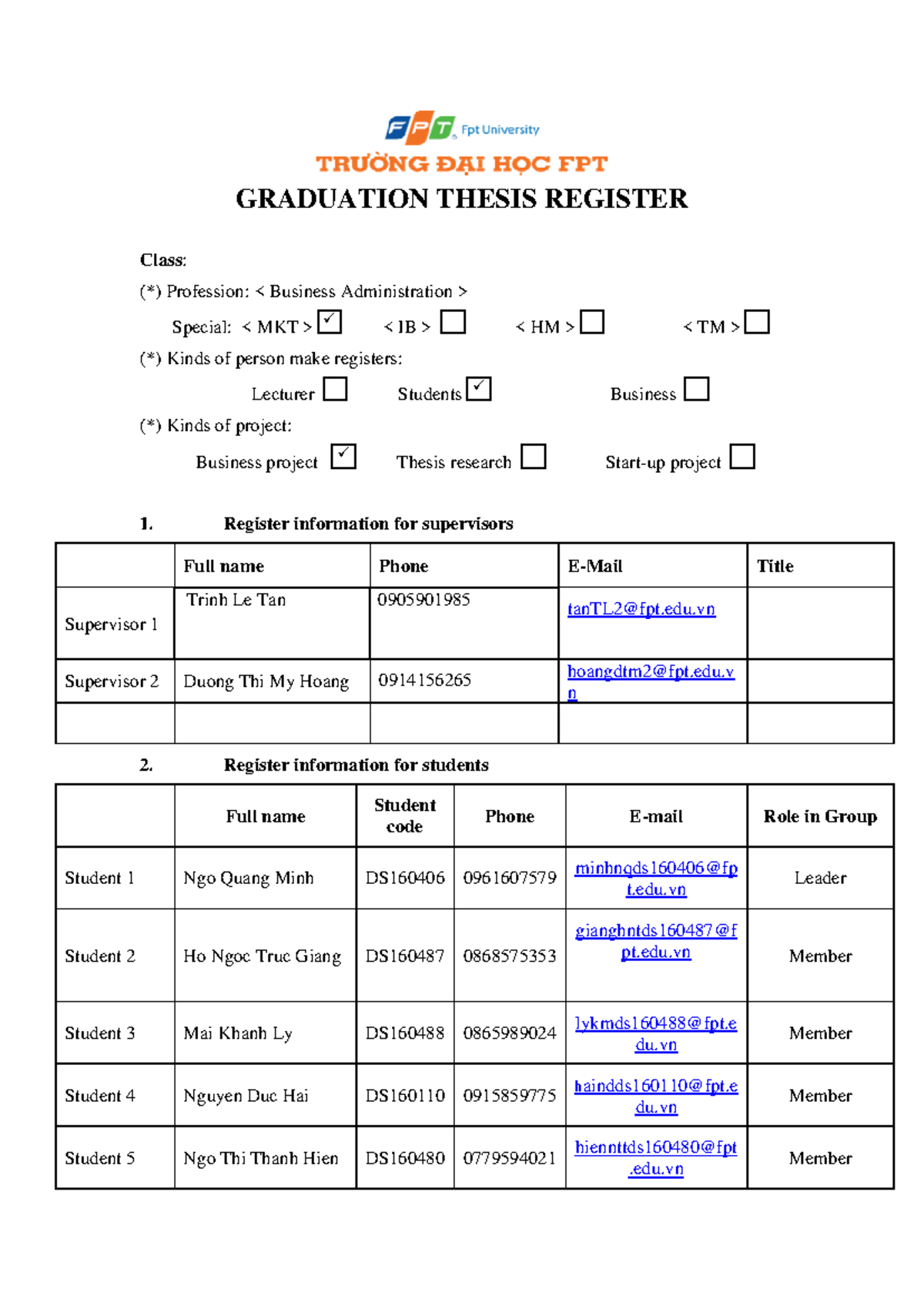 Graduation Thesis Registrationre - GRADUATION THESIS REGISTER Class ...