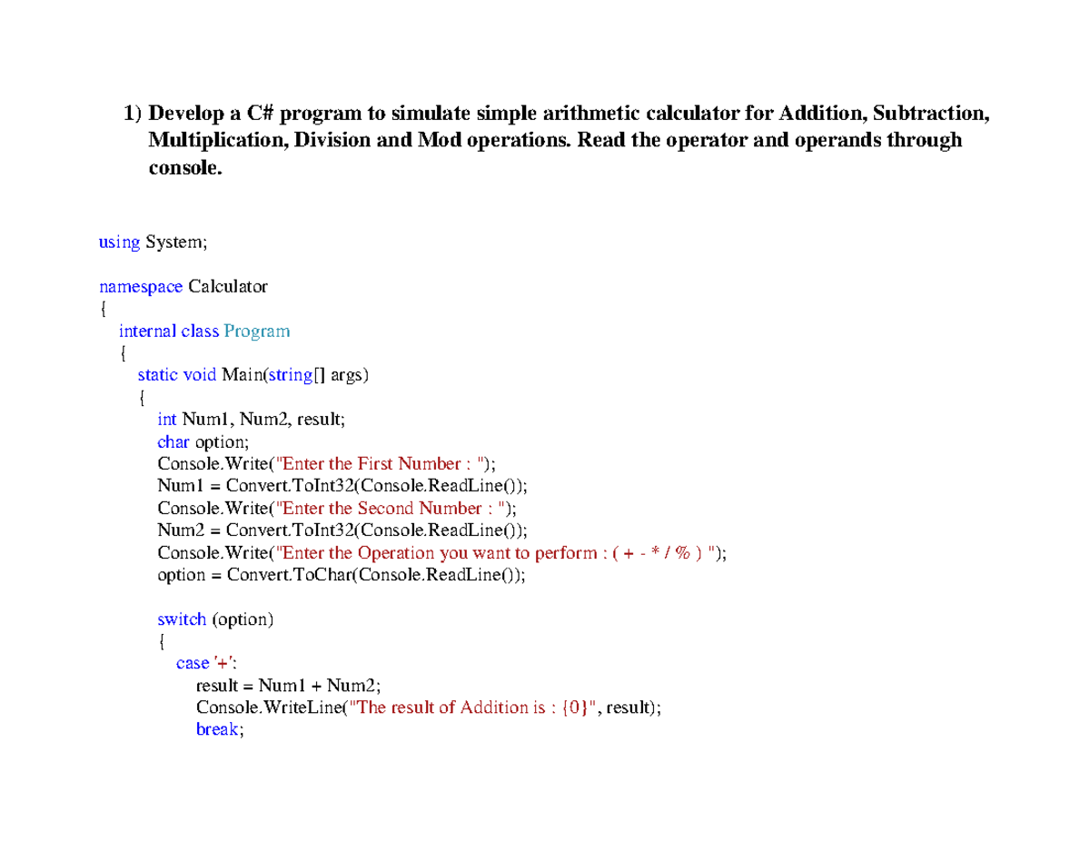 All 12 C# Programs for 5th Sem CSE or ISE - 1) Develop a C# program to ...