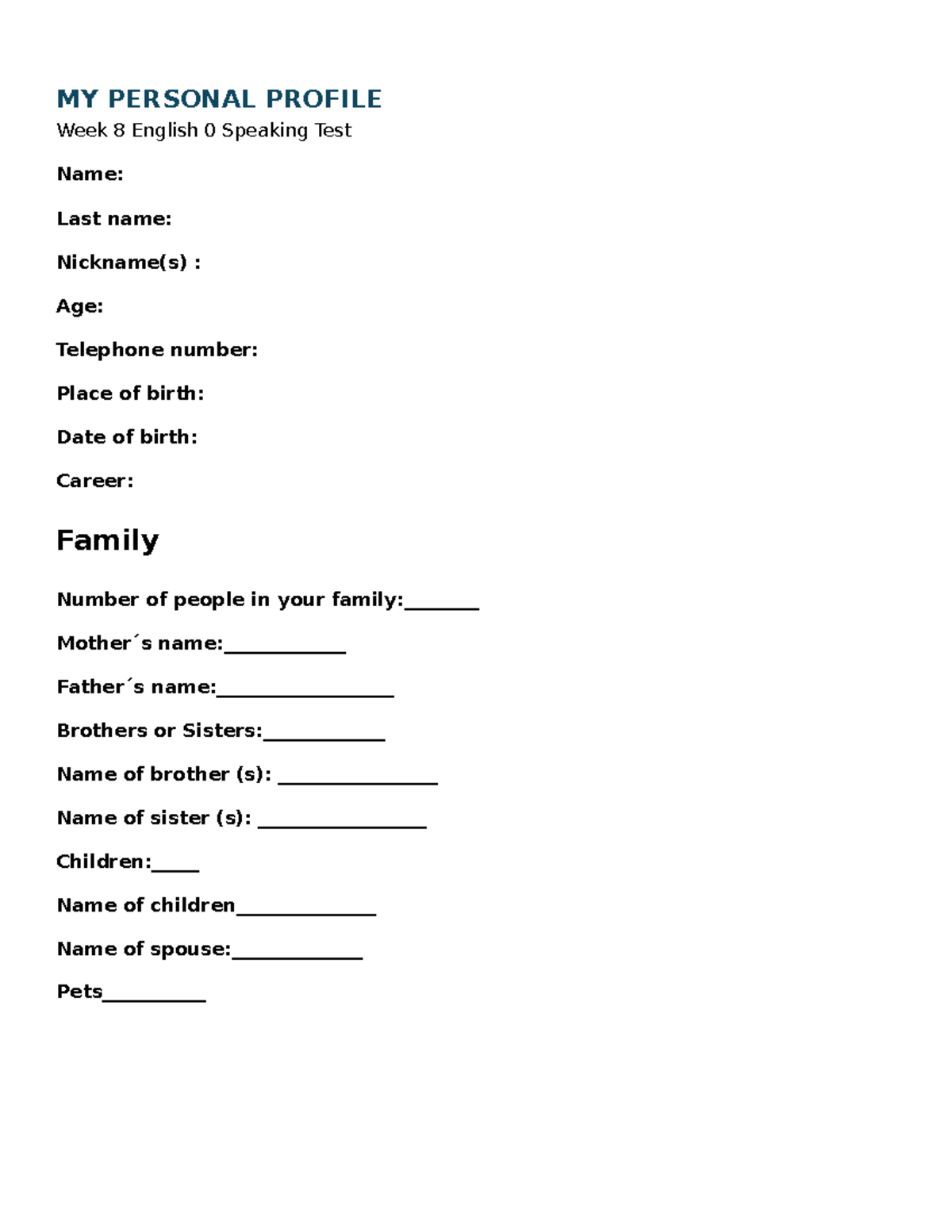 My personal profile template - MY PERSONAL PROFILE Week 8 English 0 ...