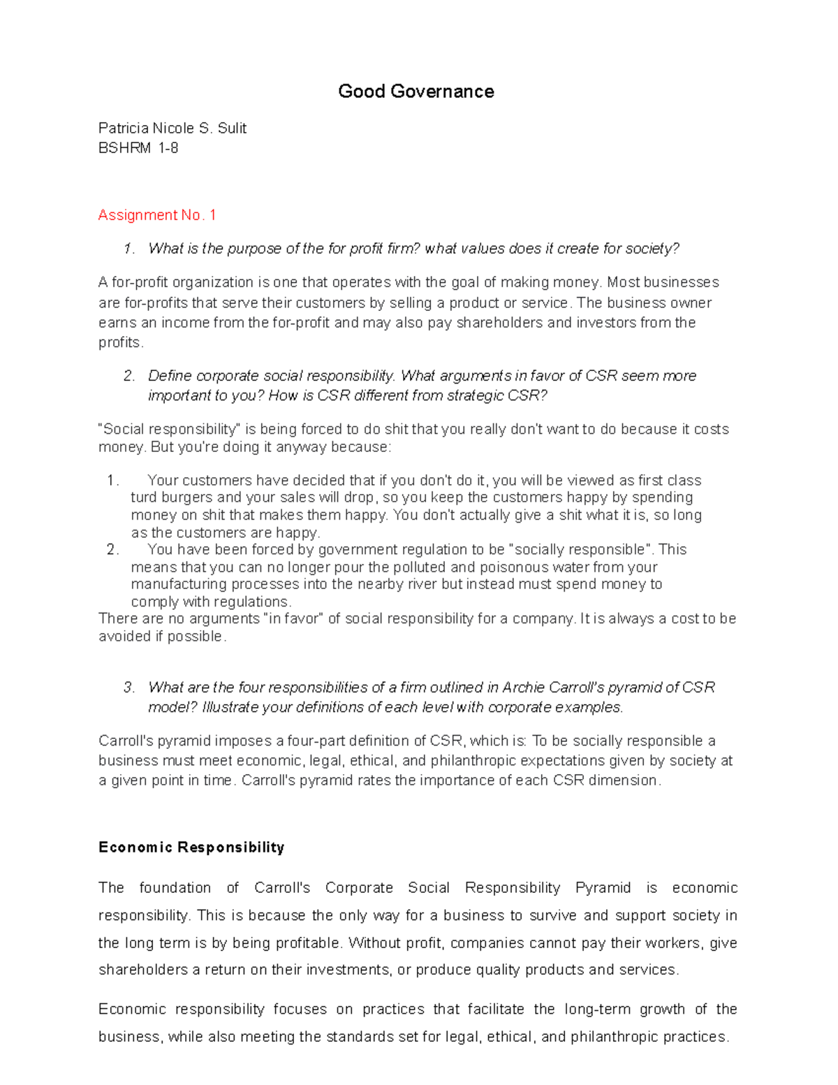 Assignment no - Good Governance Patricia Nicole S. Sulit BSHRM 1 ...