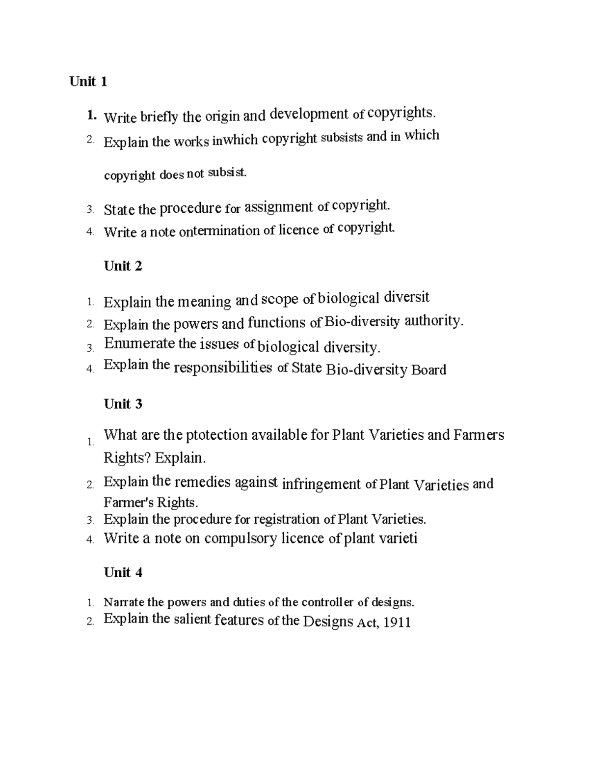 Important Questions - Unit 1 1. Write briefly the origin and development of copyrights. 2 ...