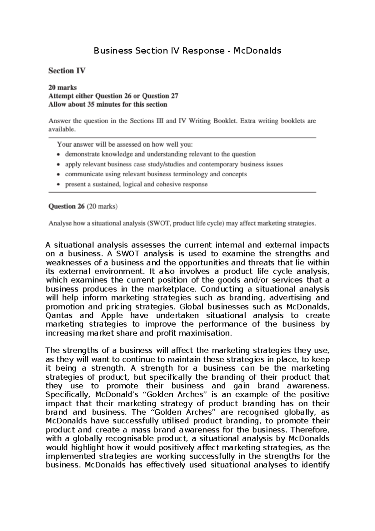 Business Section IV Response - Mc Donalds - Business Section IV ...