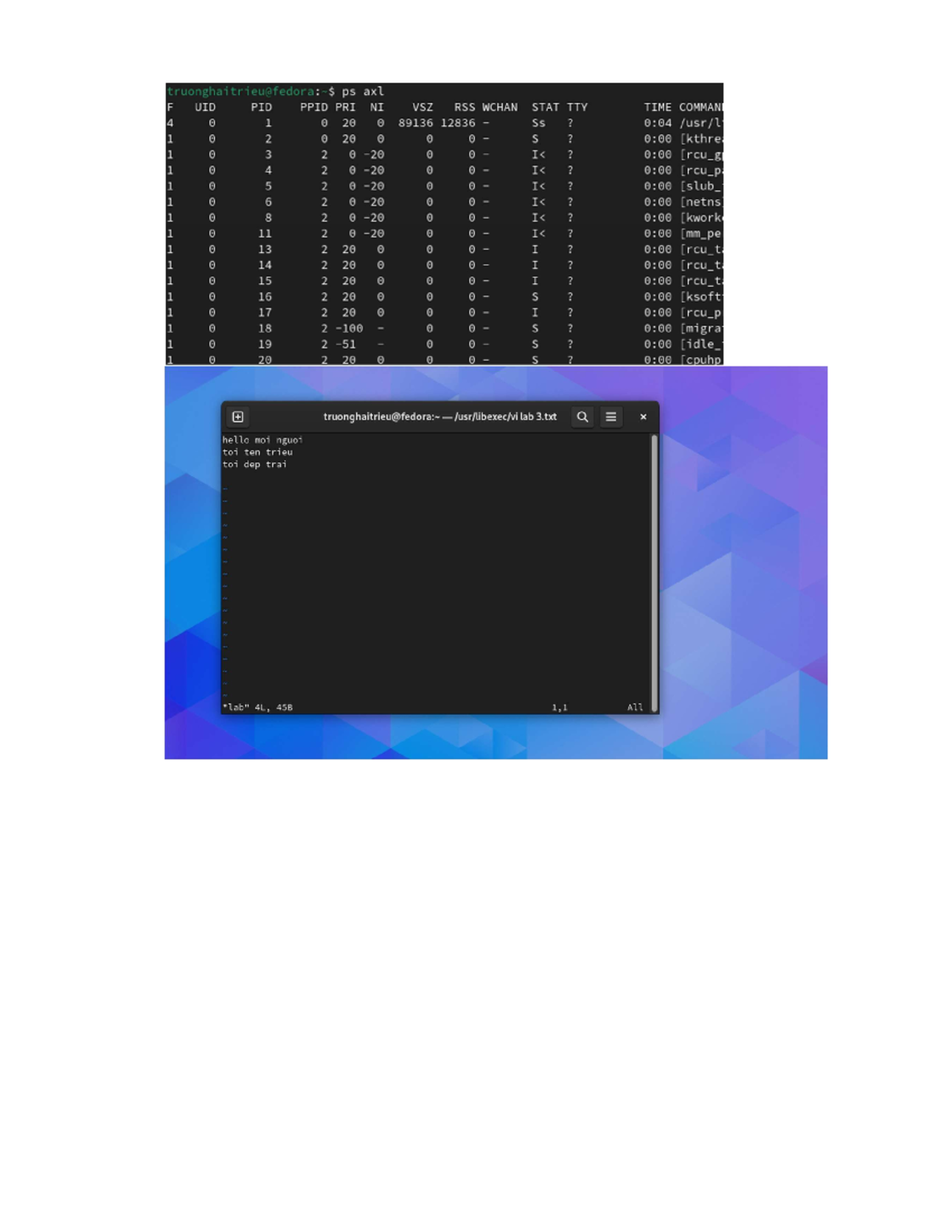 Truonghaitrieu-se171460-lab3 - ps ax1 F UID PID PPID PRI NI VSZ RSS WCHAN STAT TTY TIME COMMAN 4 ...