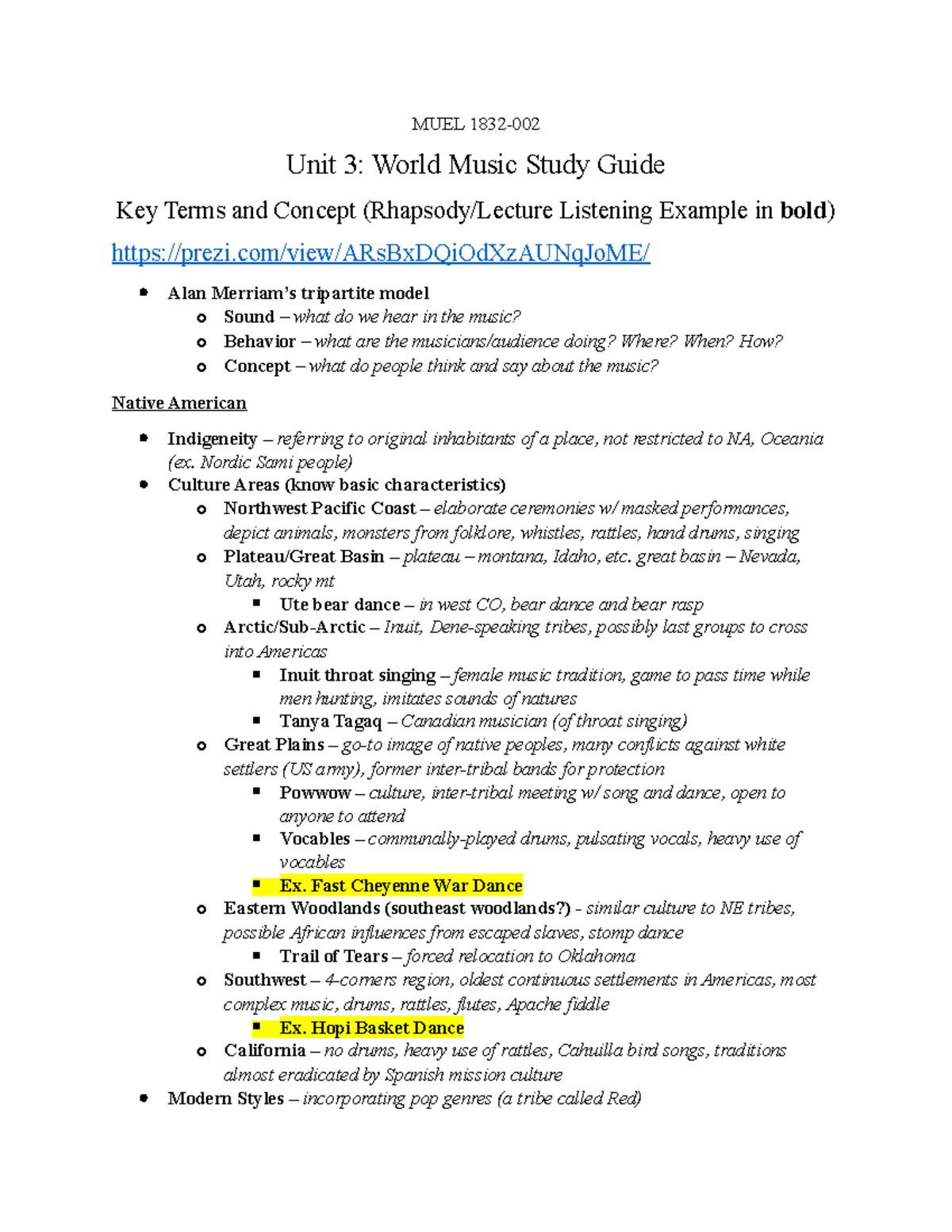 1832 Exam 3 Study Guide - MUEL Unit 3: World Music Study Guide Key ...