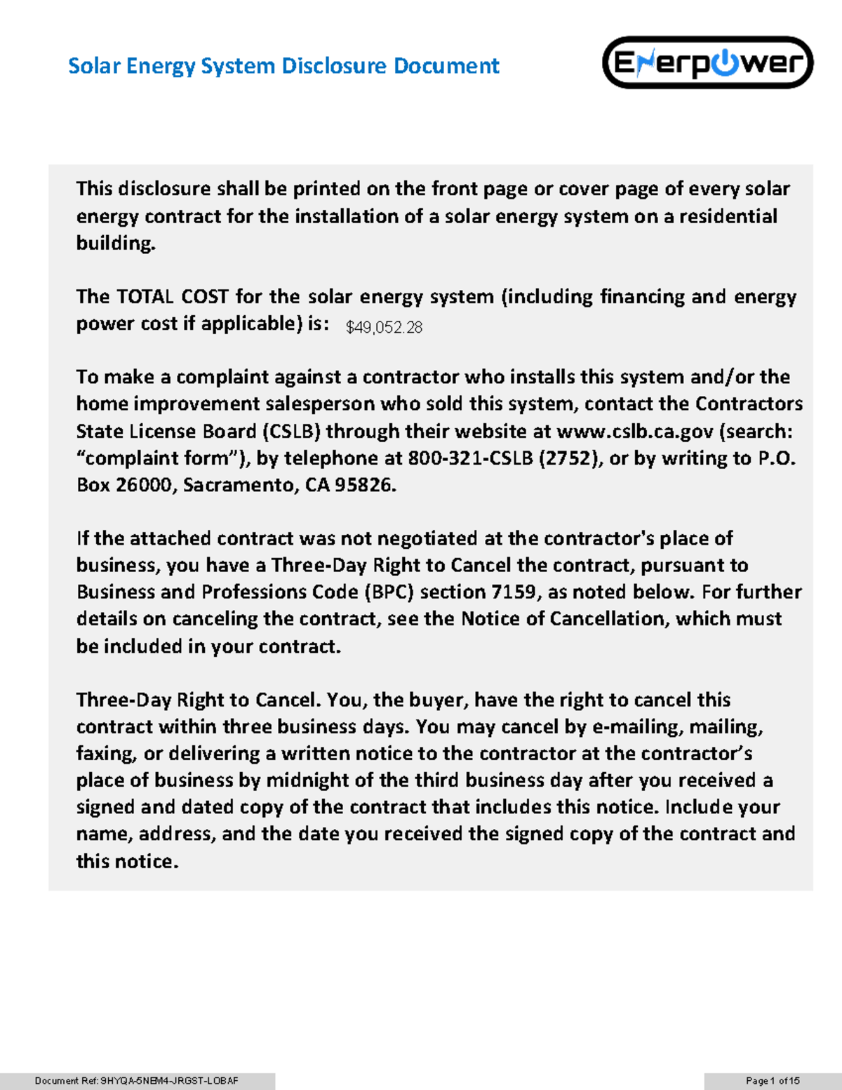 Construction Agreement - Solar Energy System Disclosure Document T h i ...