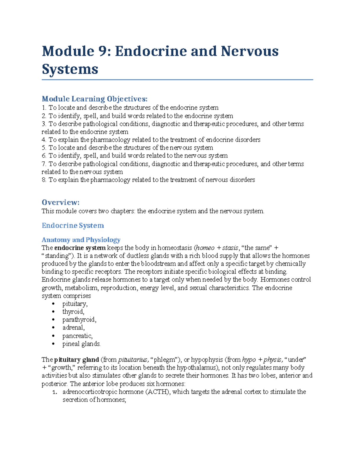 Module 9 Med Terms - Notes - Module 9: Endocrine and Nervous Systems ...