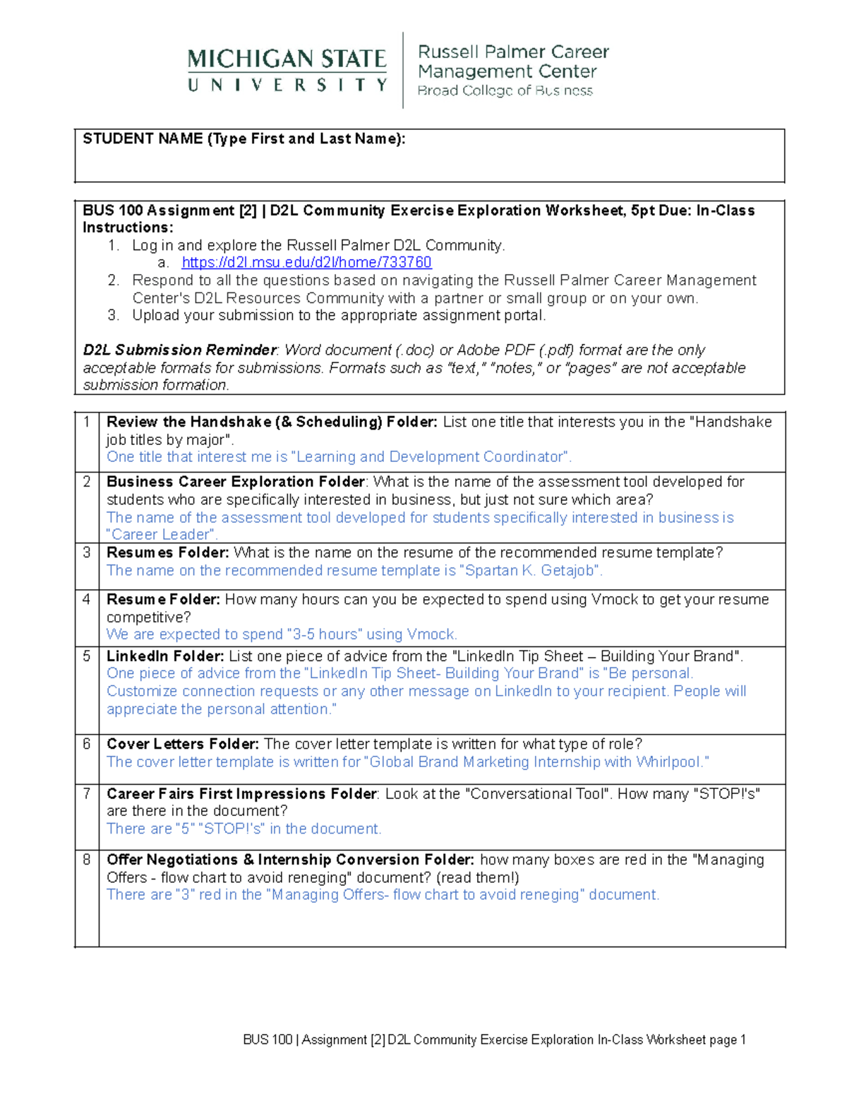 D2L Community Exercise Exploration Worksheet, 5pt - Log in and explore ...