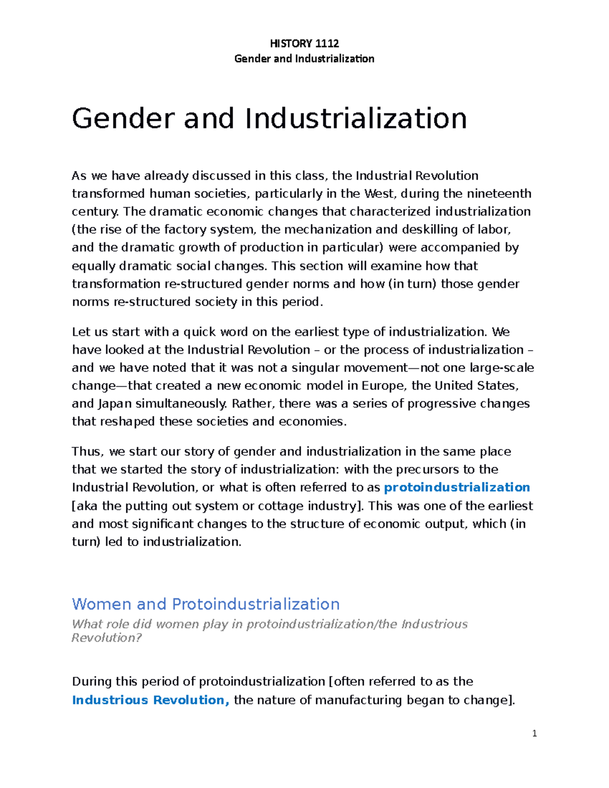 HIST 1112 - Gender and Industrialization - Gender and Industrialization ...