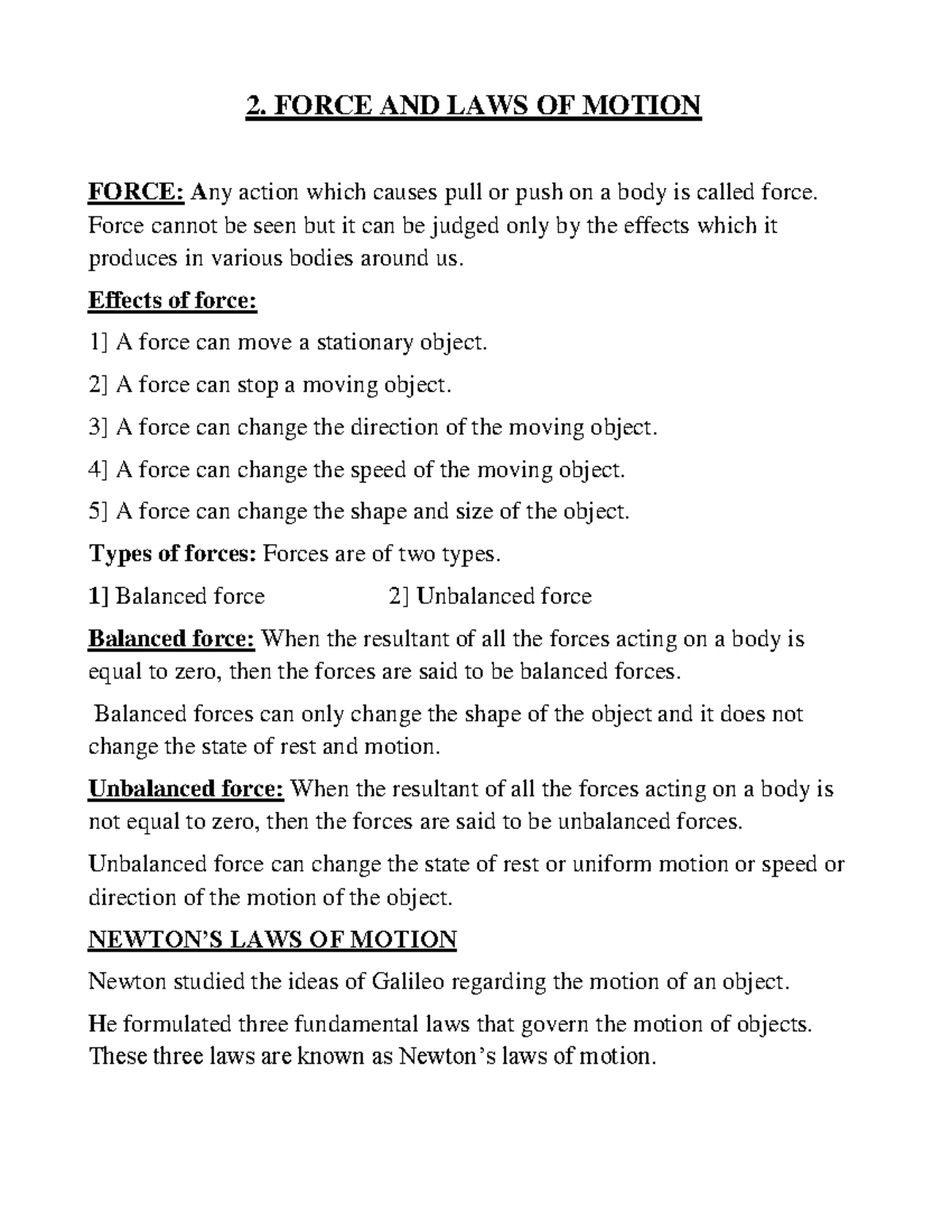 Force AND LAWS OF Motion Notes - 2. FORCE AND LAWS OF MOTION FORCE: Any ...
