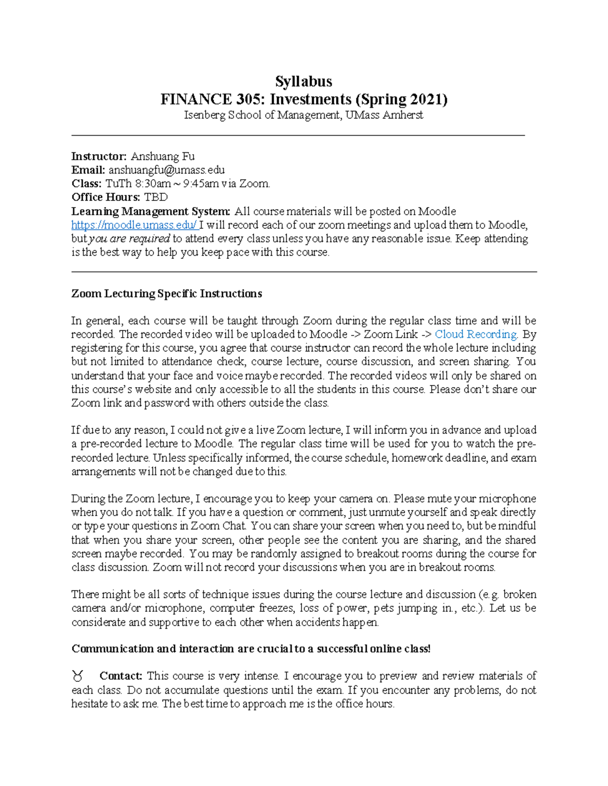 FIN 305 Syllabus - Coursework - Syllabus FINANCE 305: Investments ...