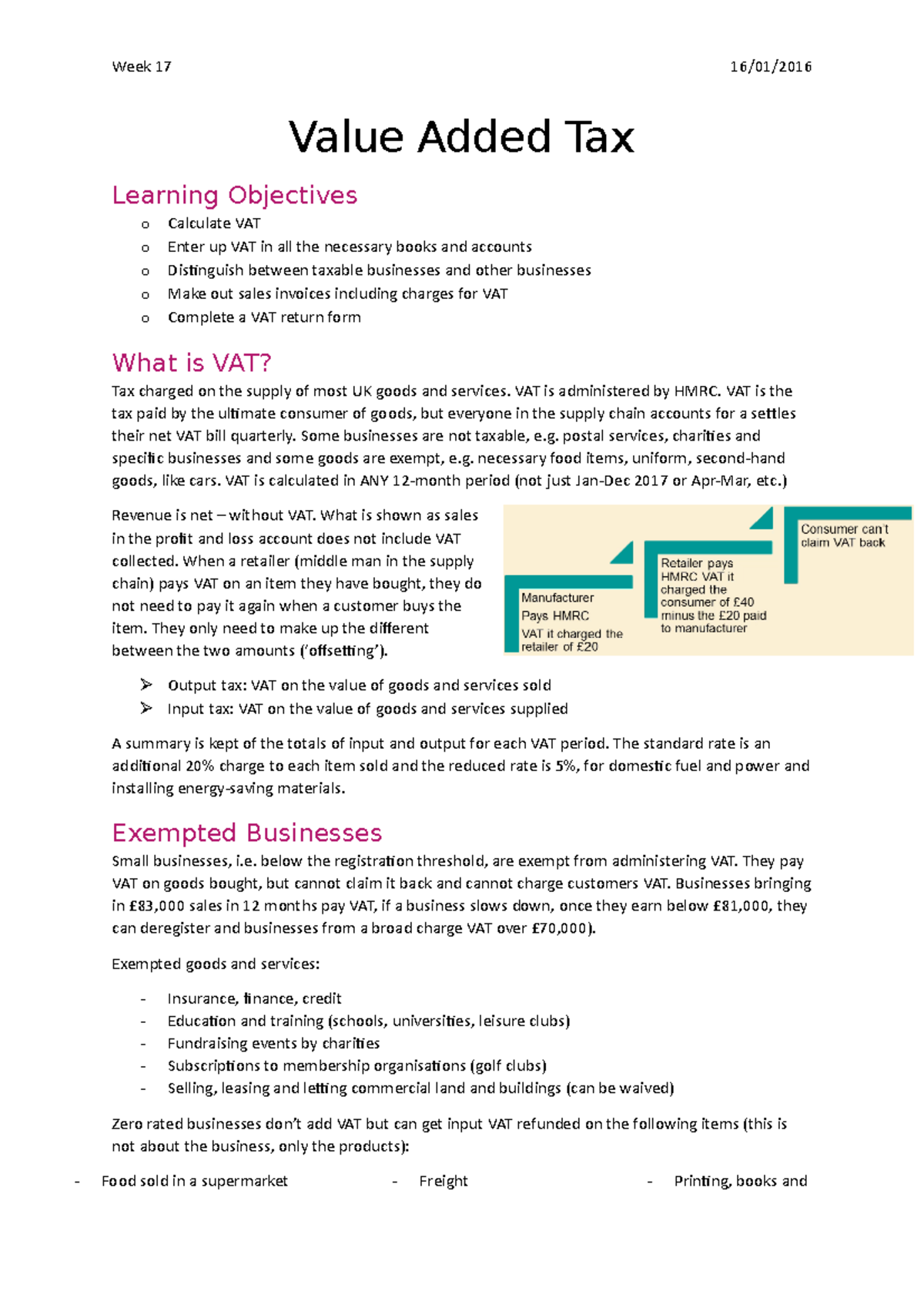 Accouting - VAT - Lecture notes Week 17 - Week 17 16/01/2016 Value ...