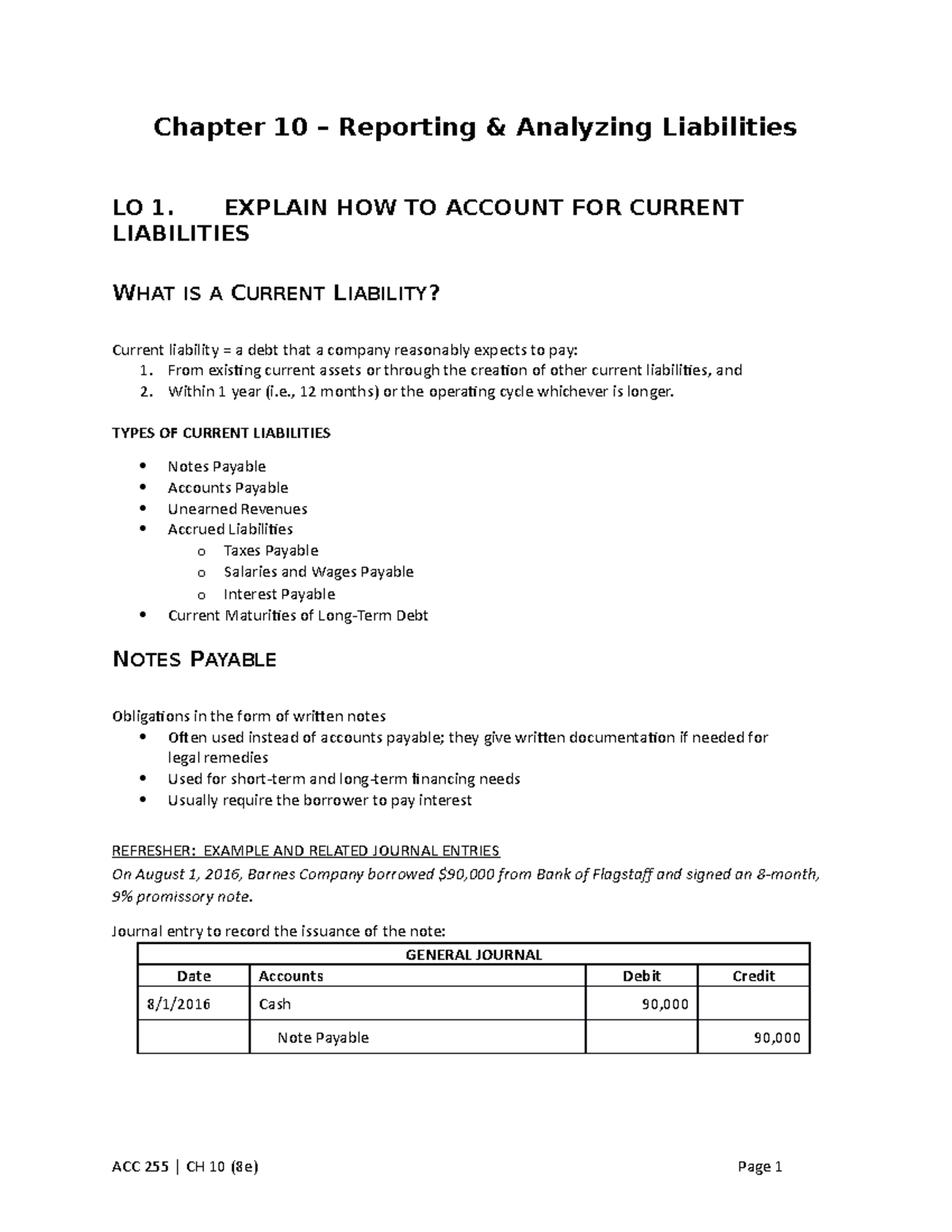 Reporting and Analyzing Liabilities - Chapter 10 – Reporting & Analyzing Liabilities LO 1. - Studocu