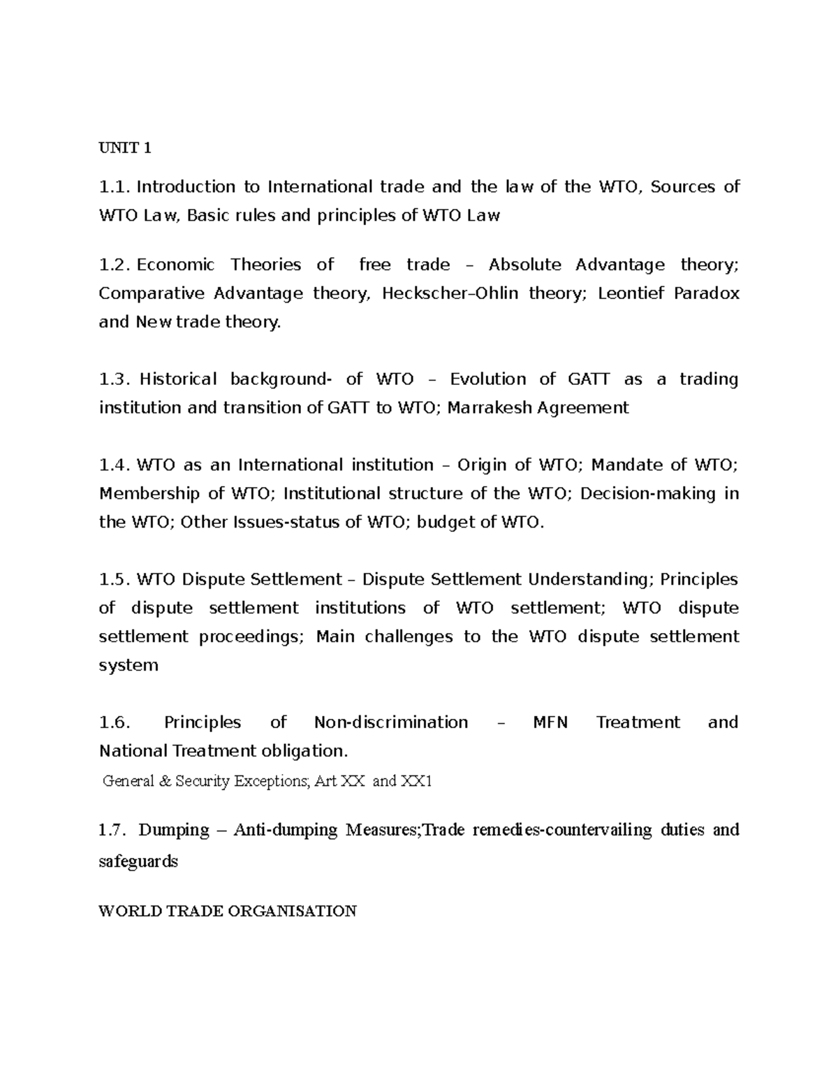 UNIT 1 - UNIT 1 Introduction to International trade and the law of the ...