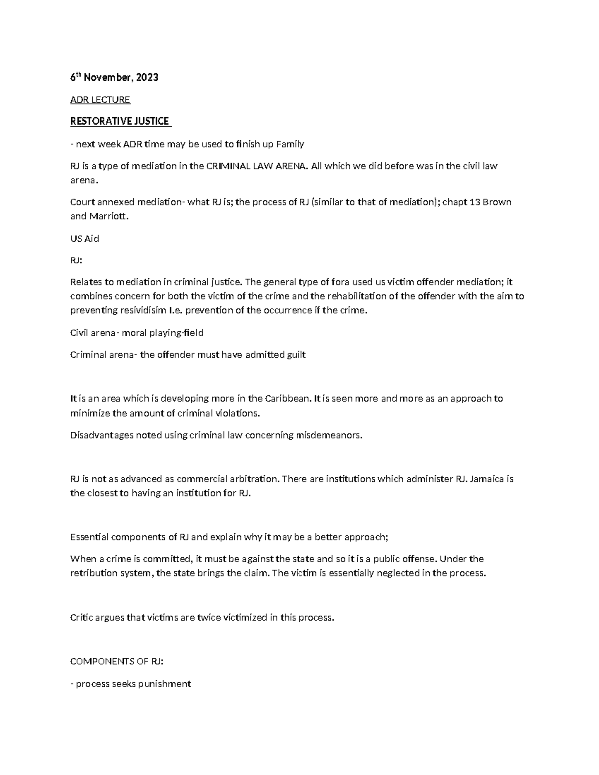 ADR worksheet 6 Restorative Justice - 6 th November, 202 3 ADR LECTURE ...
