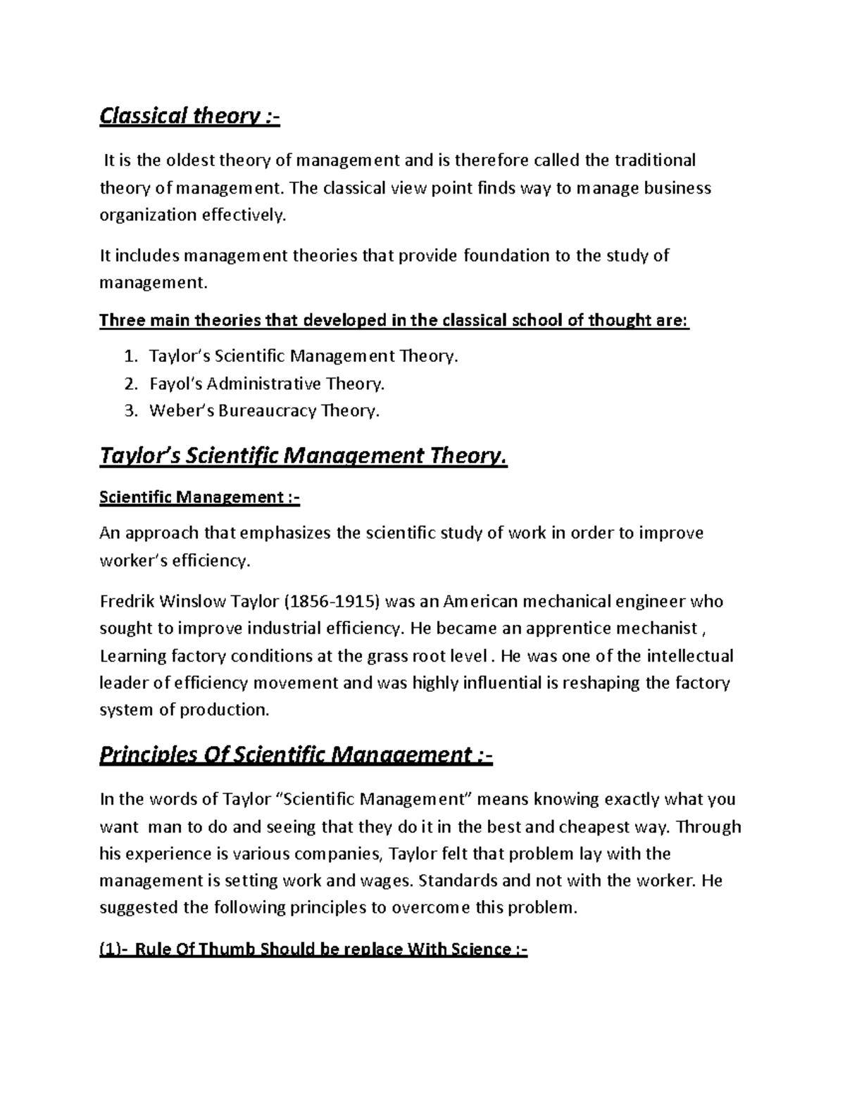 Taylors scientific management 1 - Classical theory :- It is the oldest ...