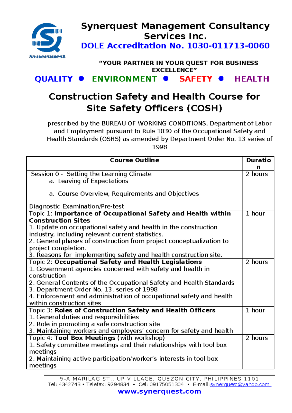 Cosh-course-outline compress - Synerquest Management Consultancy Services Inc. DOLE ...