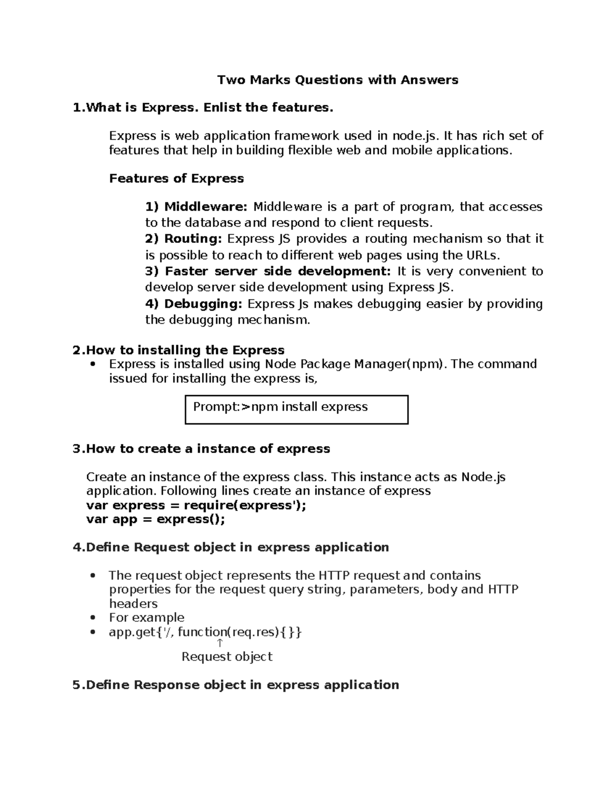 Two Marks Questions with Answers - Enlist the features. Express is web application framework ...