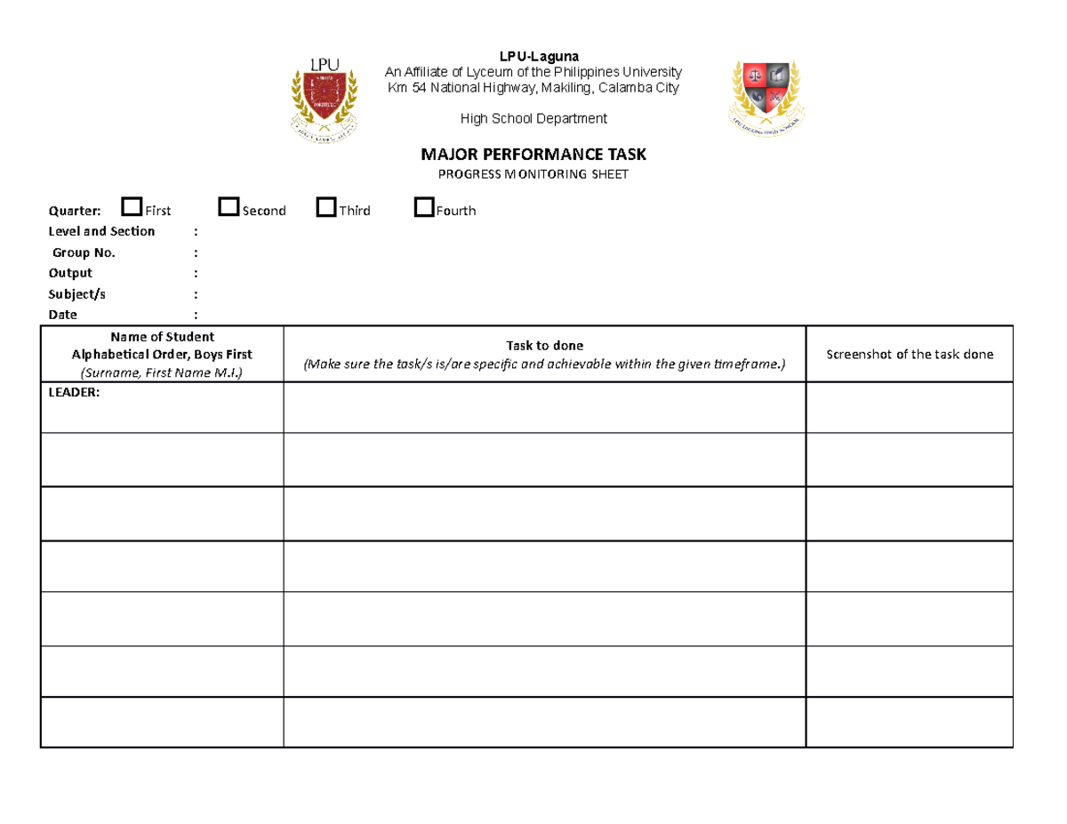 Progress Monitoring Sheet - LPU-Laguna An Affiliate of Lyceum of the ...