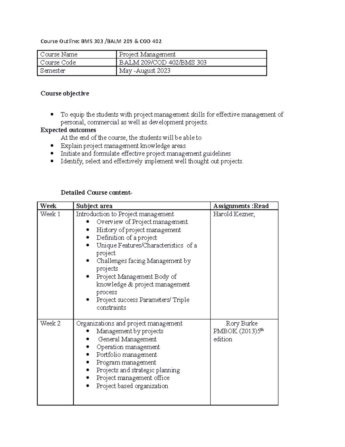 BMS 303 course outline - Course Outline: BMS 303 /BALM 209 & COD 402 ...