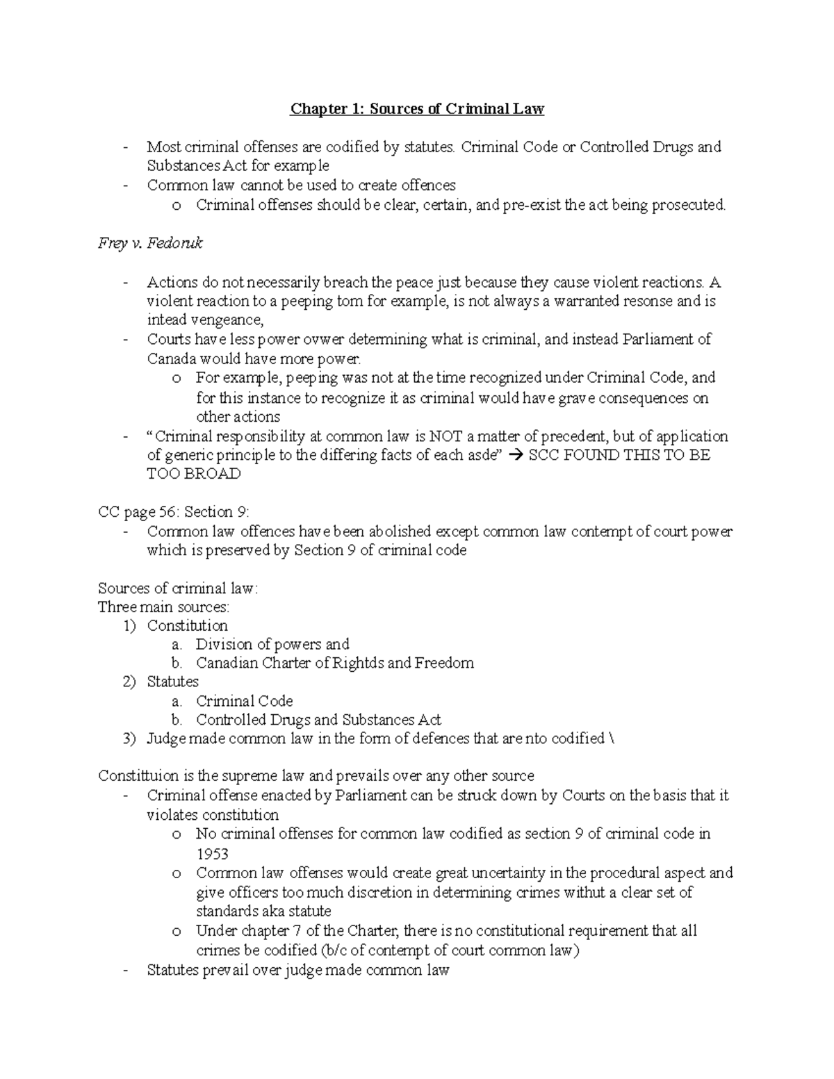 Canadian Crimal Law notes - Chapter 1: Sources of Criminal Law Most ...