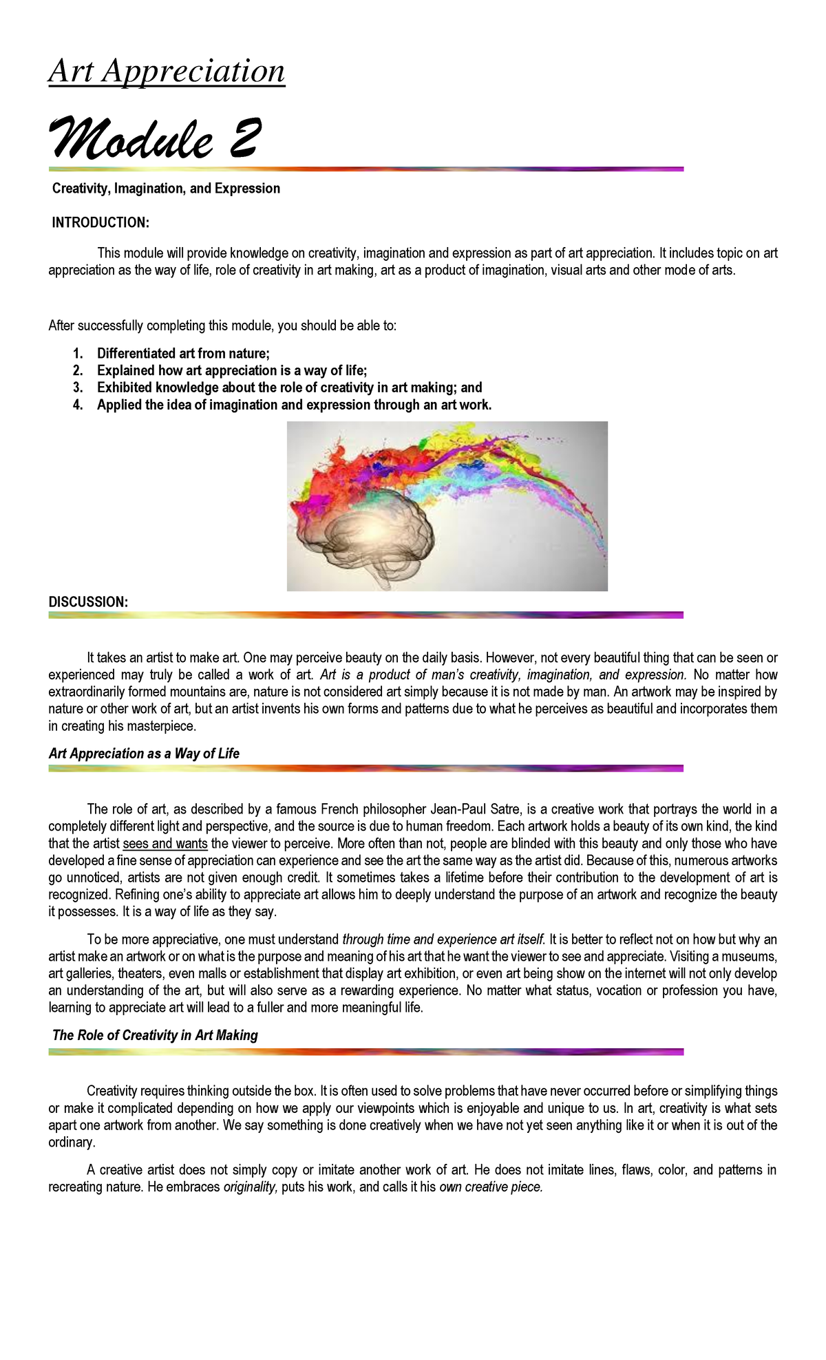 Art Appreciation - summary - Art Appreciation Module 2 Creativity, Imagination, and Expression ...