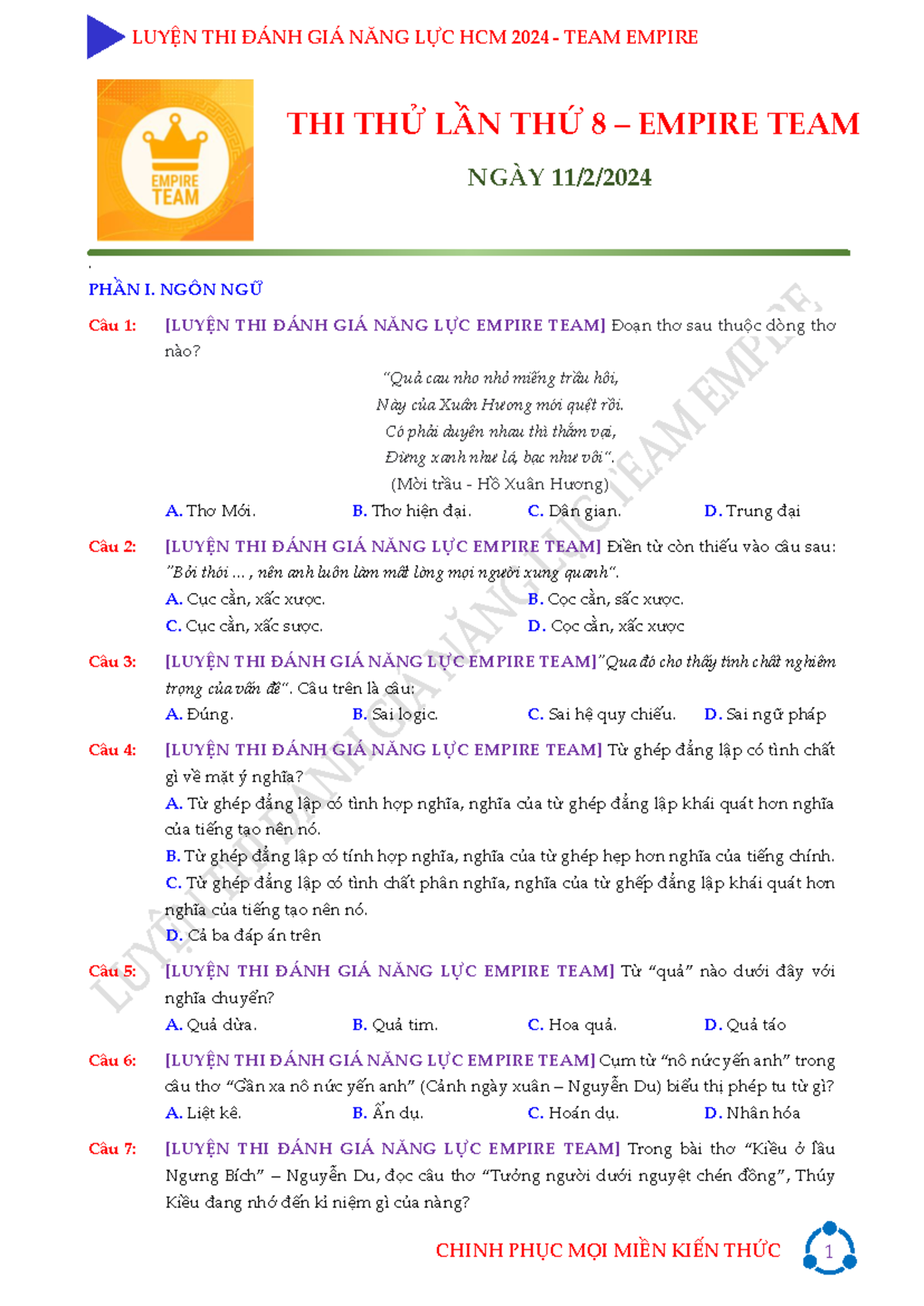 THI THỬ ĐGNL HCM Empire TEAM LẦN THỨ 8 - CHINH PHỤC MỌI MIỀN KIẾN THỨC 1 . PHẦN I. NGÔN NGỮ Câu ...