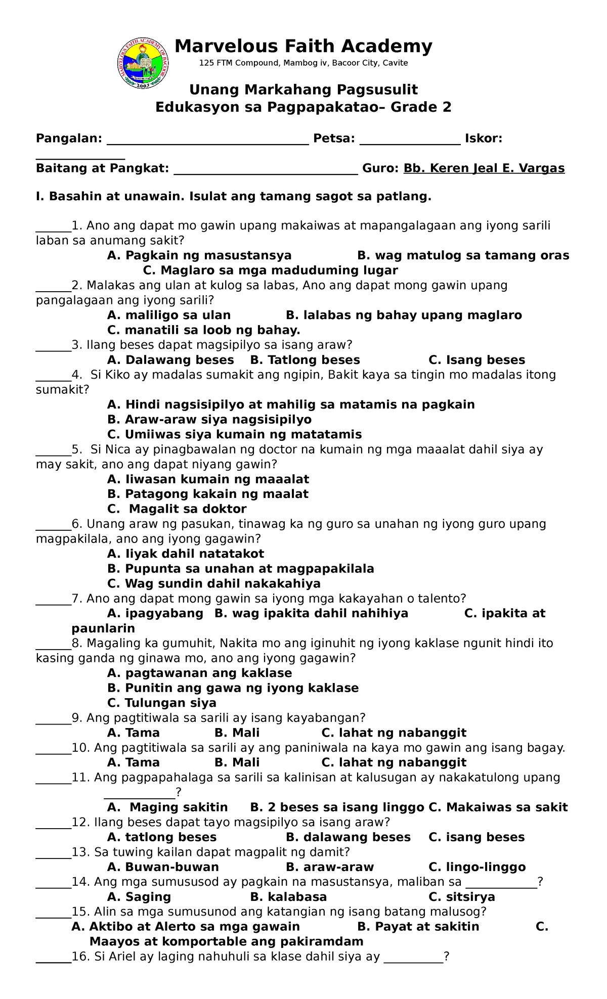 Grade 2 Exam - FOR EDUCATIONAL - Marvelous Faith Academy 125 FTM ...