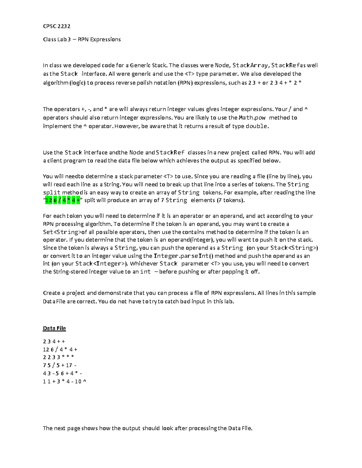 Lab 3 Rpn Expressions Kramer Cpsc 2232 Class Lab 3 Rpn Expressions In Class We Developed