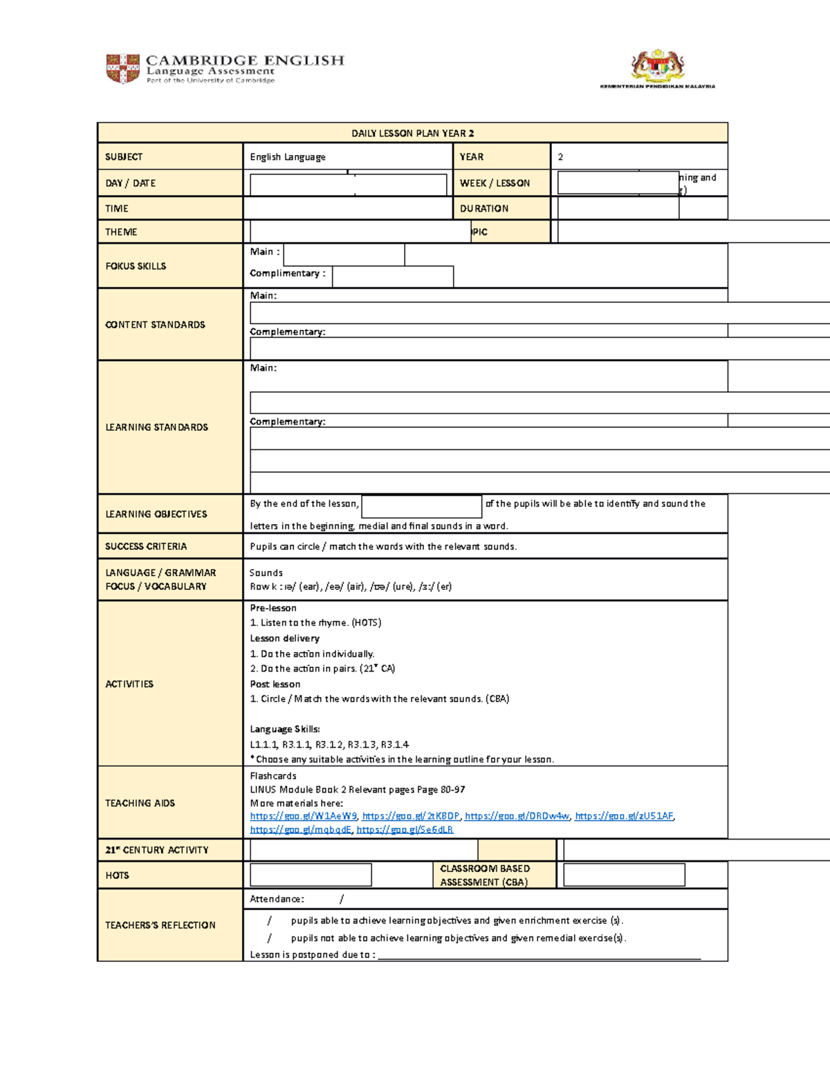 RPH BI YEAR 2 (LP1-11 Phonic) - DAILY LESSON PLAN YEAR 2 SUBJECT ...