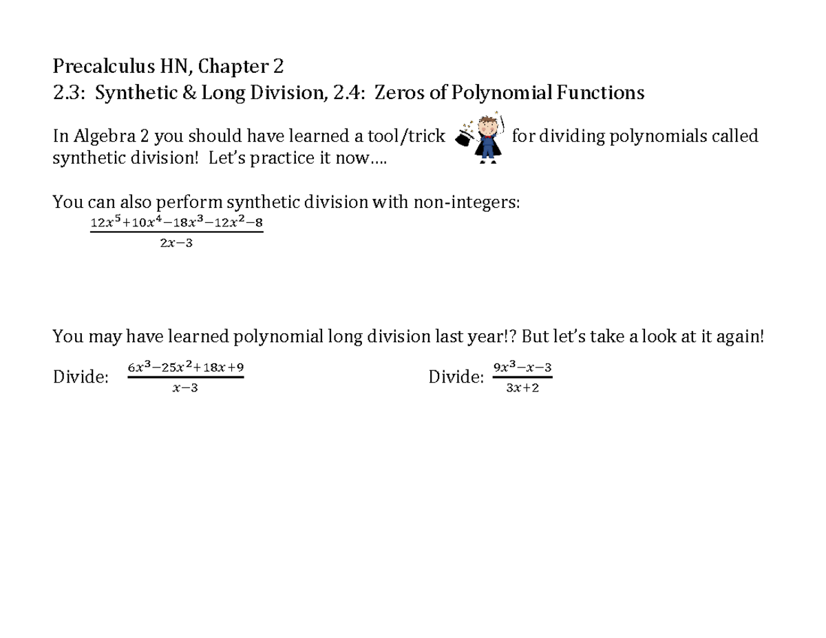 Notes+2 - In Class Work - Precalculus HN, Chapter 2 2: Synthetic & Long ...
