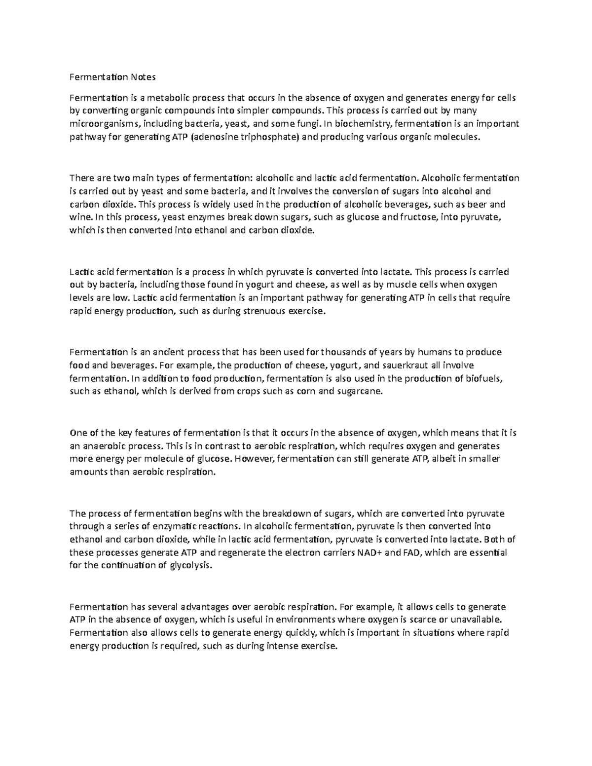 Fermentation Notes - Fermentation Notes Fermentation is a metabolic ...