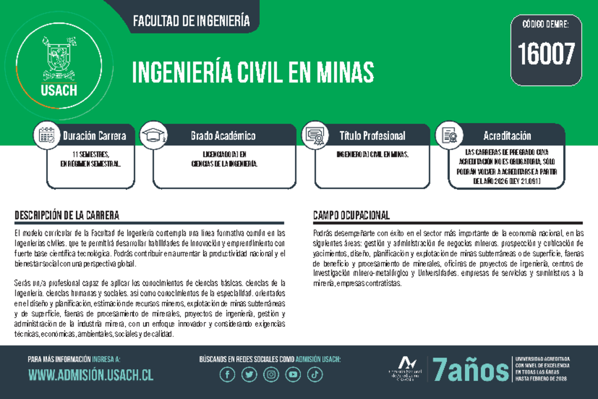 FING - Ingeniería Civil EN Minas 2024 - Duración Carrera Grado Académico Título Profesional ...
