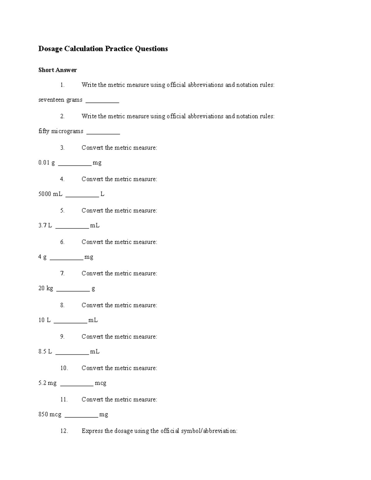 Dosage Practice Problems 1 Dosage Calculation Practice Questions