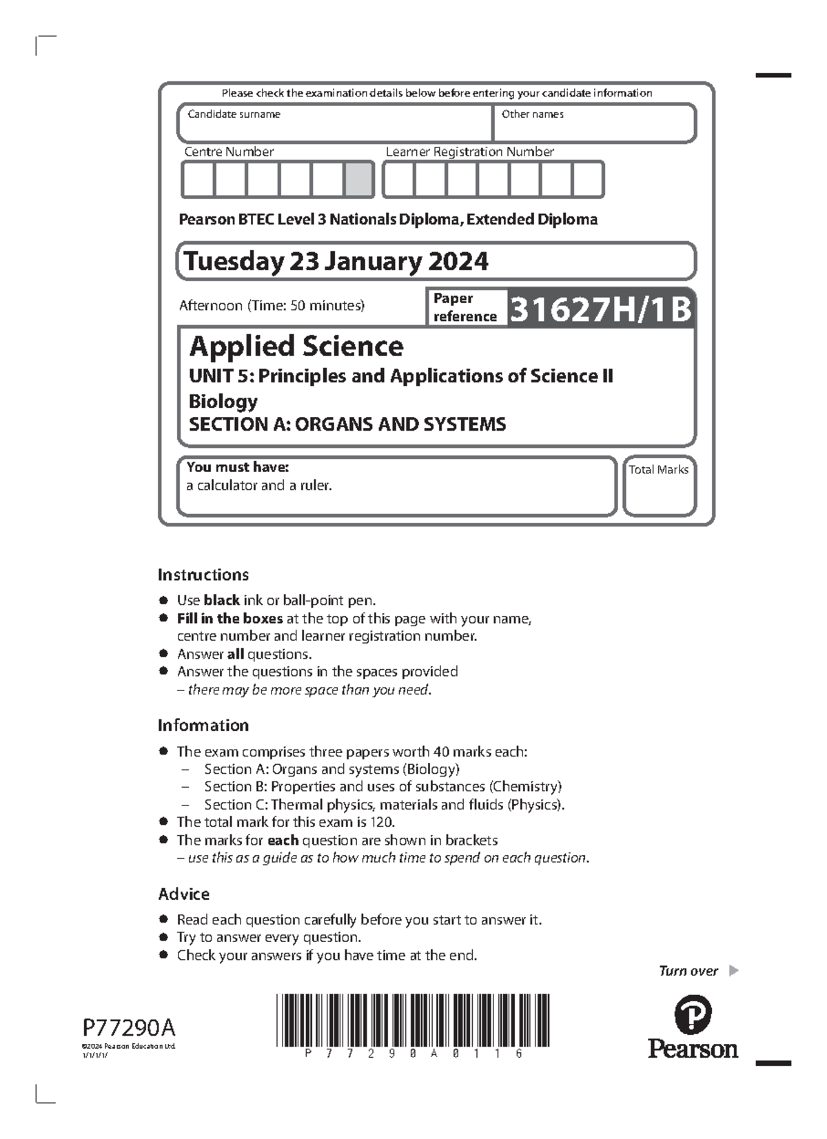 P77290 a btec applied science 31627 h 1b - P77290A0116 Turn over ...